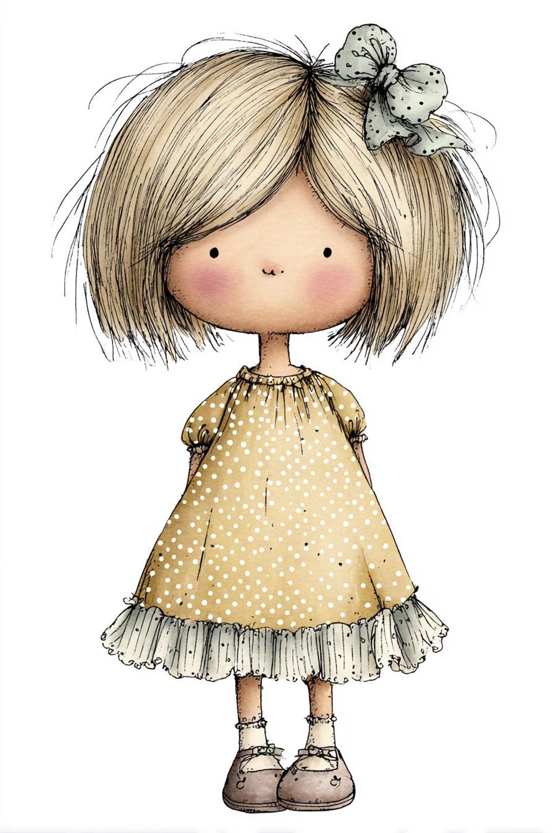 Whimsical Doll, Cute Girl Art, Poppet Print, Floral Dress, Kawaii Girl ...