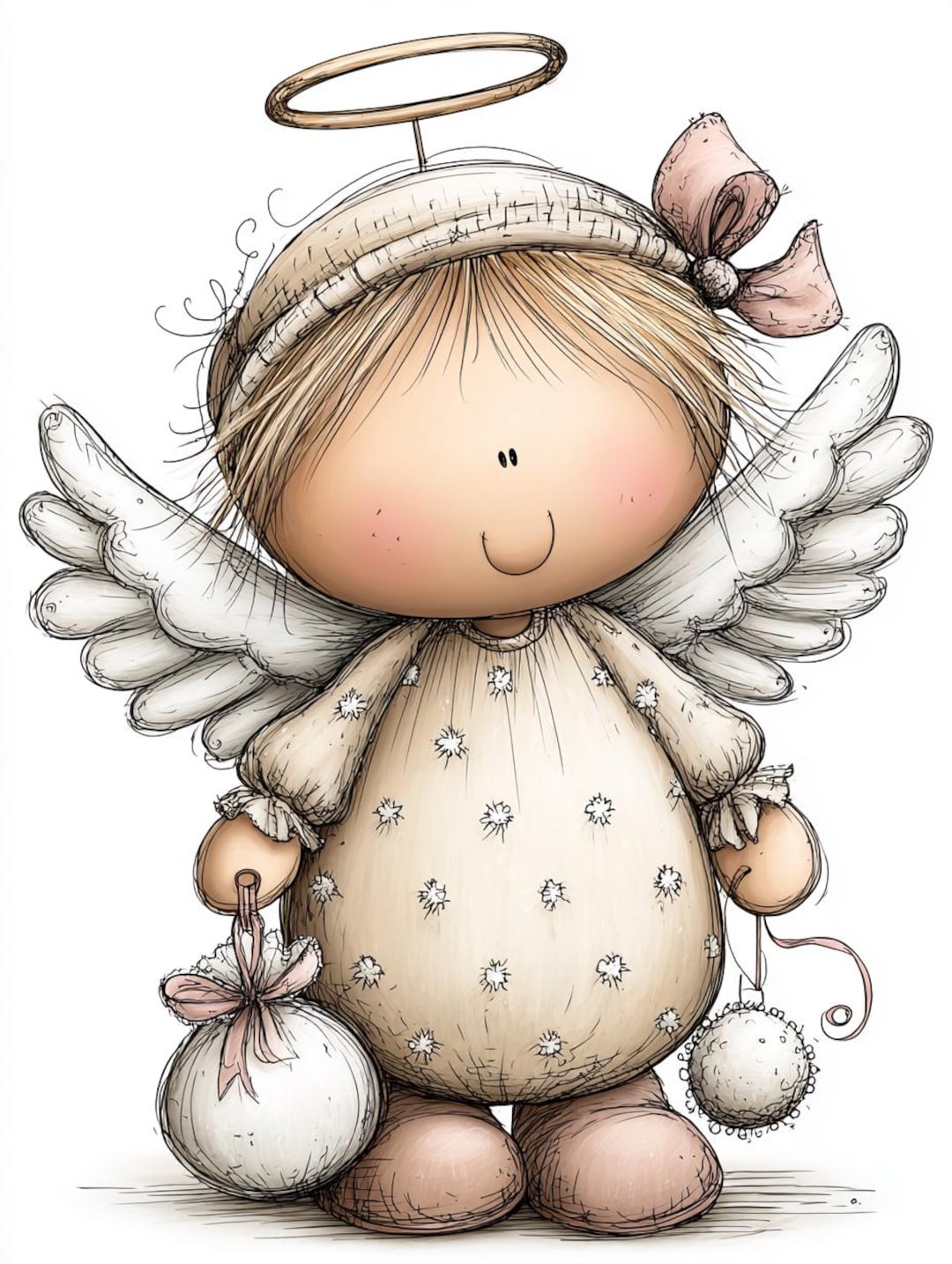 Sweet Angel Illustration, Gentle Pastel Angel With Halo and Stars ...