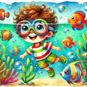 Underwater Swimming, Underwater Art, Kids Swim Art, Watercolor Child ...