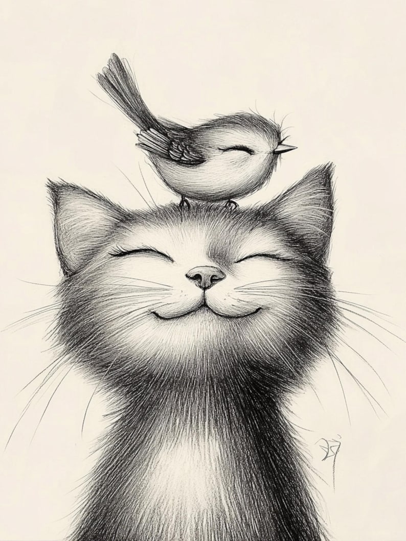 Cute Cat Drawing, Bird on Cat Art, Pencil Sketch Animal, Whimsical Cat ...