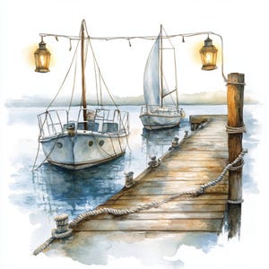 Dock Scene, Sailboat Art, Cozy Marina, Seaside Dock, Watercolor Pier ...