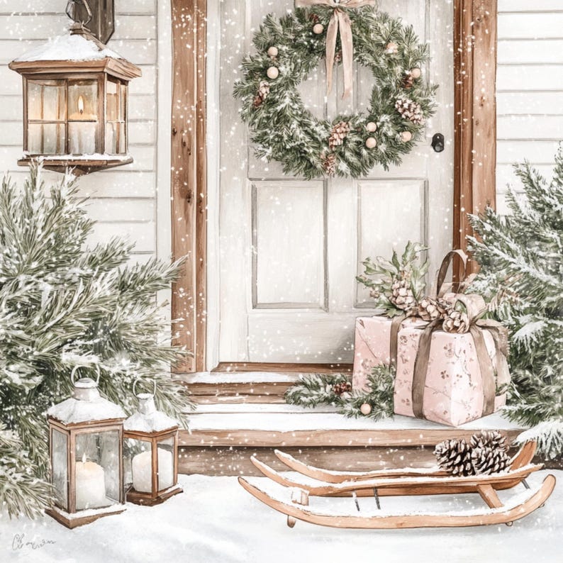 Snowy Porch, Winter Door, Xmas Porch, Rustic Sled, Wreath Art, Snow ...