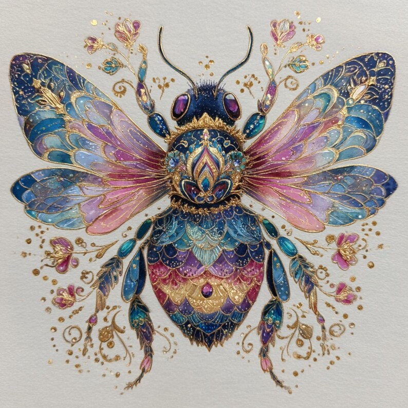 Sacred Bee Art, Ornate Bee Clip, Gold Bee Design, Boho Bug Print ...