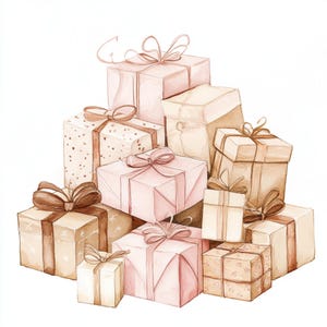 Gift Stack, Pink Boxes, Cute Parcel Art, Watercolor Gifts, Whimsical ...