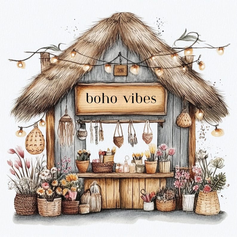 Boho Craft Shop, Boho Clipart, Craft Shop Art, Hippy Shack Art, Rustic ...