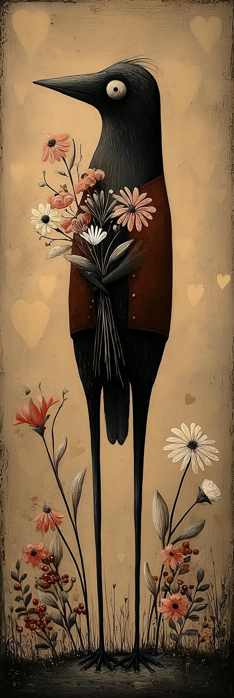 Crow With Flowers CLIPART, Folk Bird Illustration, Valentine Hearts ...