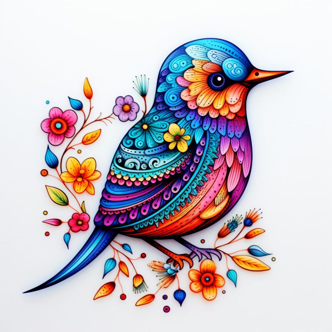 Decorative Bird, Blue Songbird, Folk Bird, Stylized Sparrow, Ornate ...