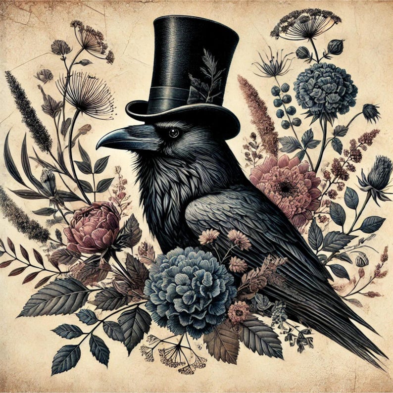 The Raven, Raven Art, Gothic Raven, Vintage Bird Art, Floral Raven, Top ...