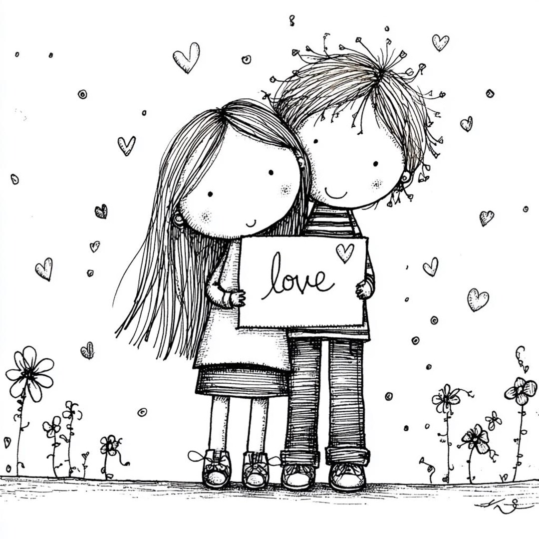 Love Letter Couple CLIPART, Hand Drawn Romance Art, Black and White ...