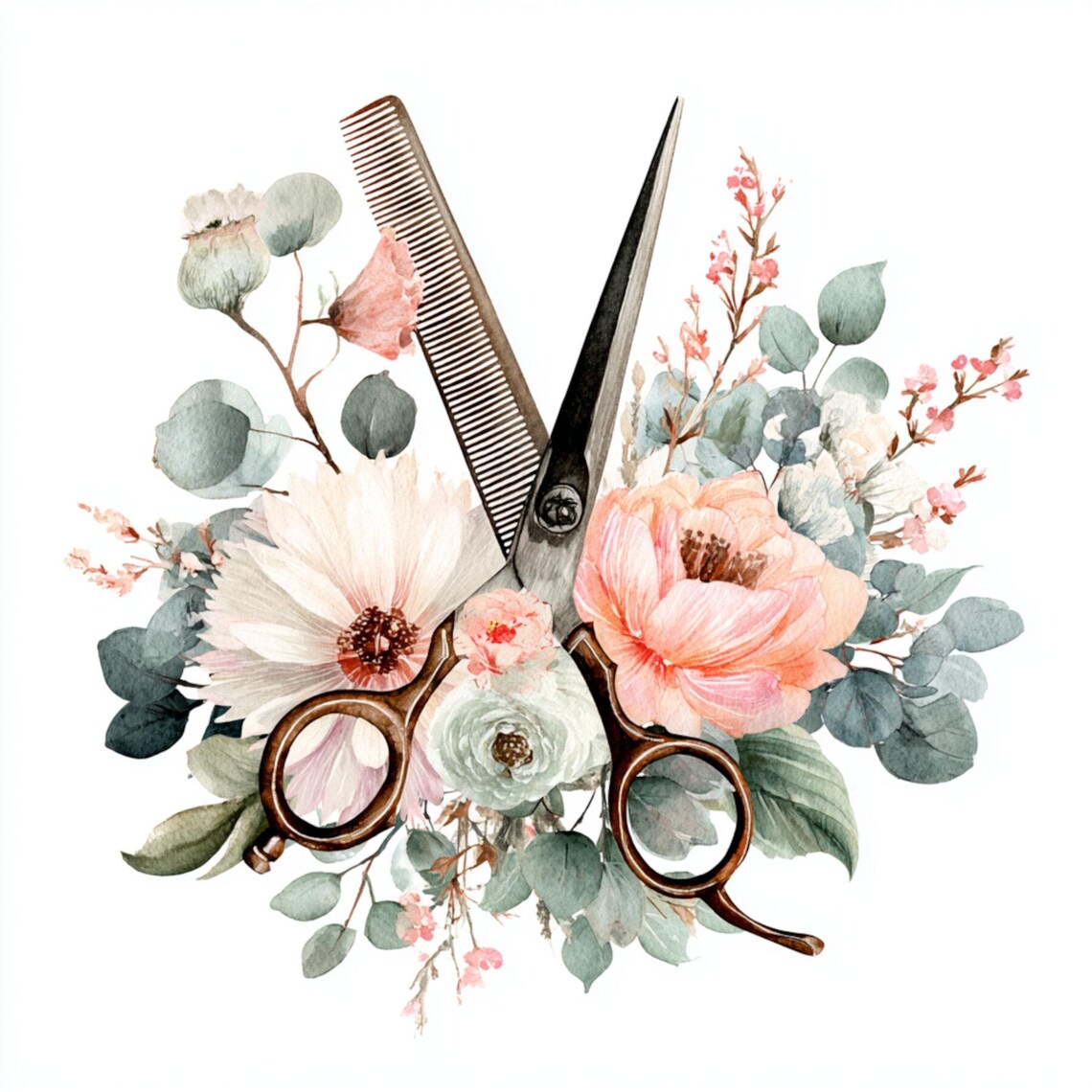 Hair Decor Art, Salon Clipart, Floral Scissors, Barber Print, Comb ...
