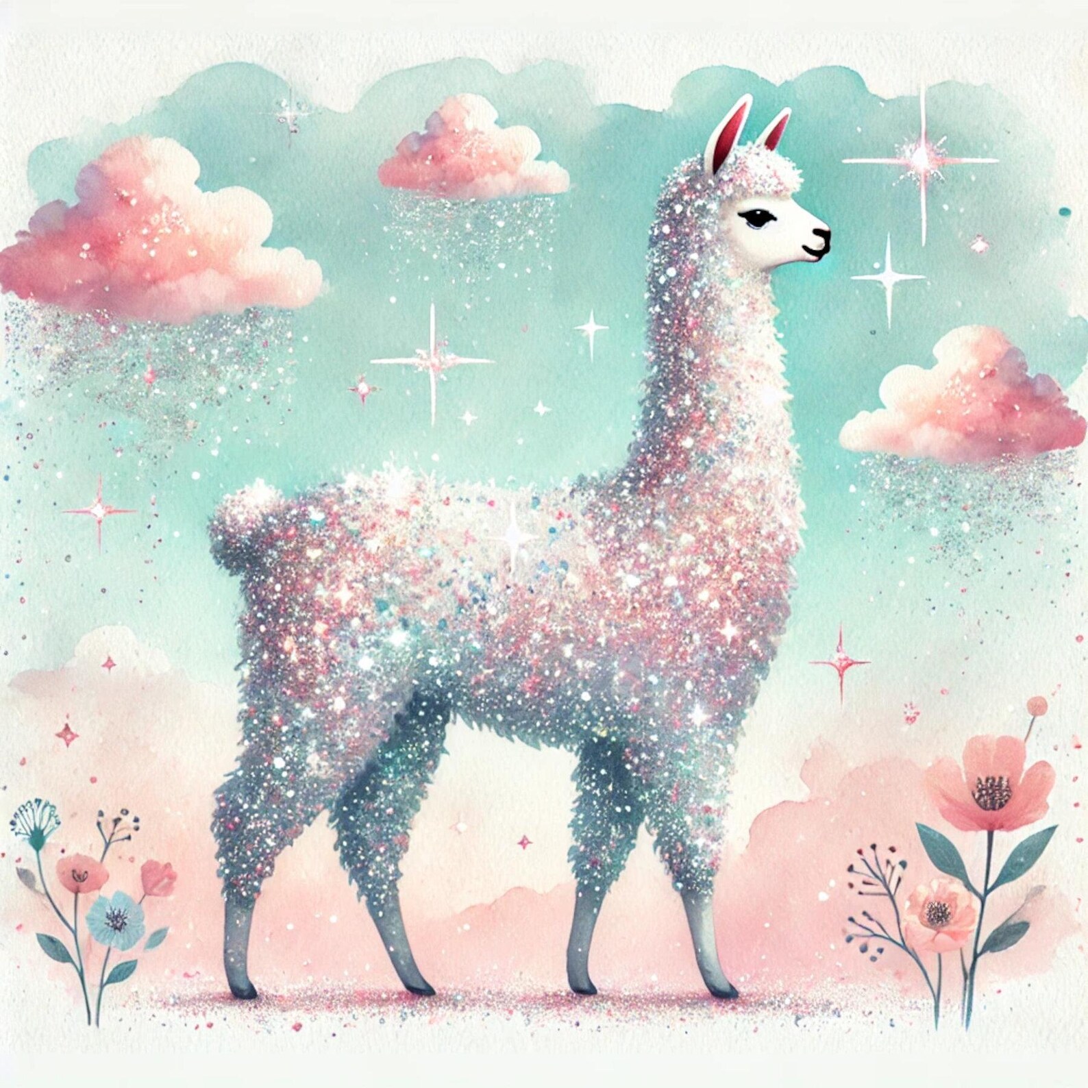 Glitter Llama, Whimsical Llama, Watercolor Llama, Cute Llama Art ...