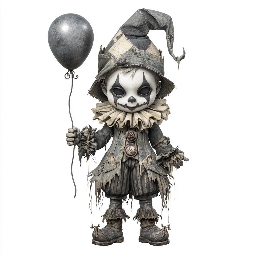 Ghost Clown, Haunted Doll, Creepy Balloon, Tattered Costume, Pale ...