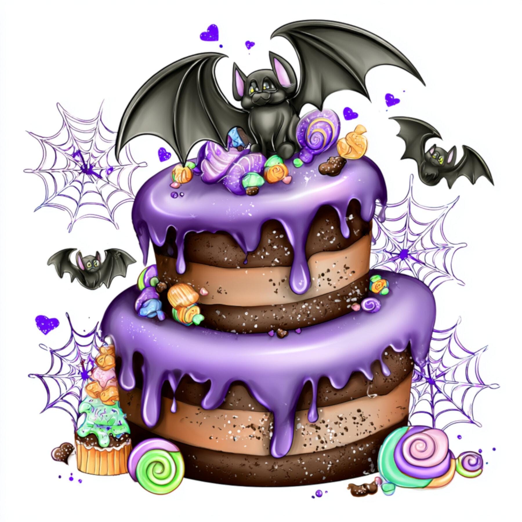 Halloween Cake, Bat Cake, Cute Halloween, Purple Drip Cake, Kawaii Bats ...