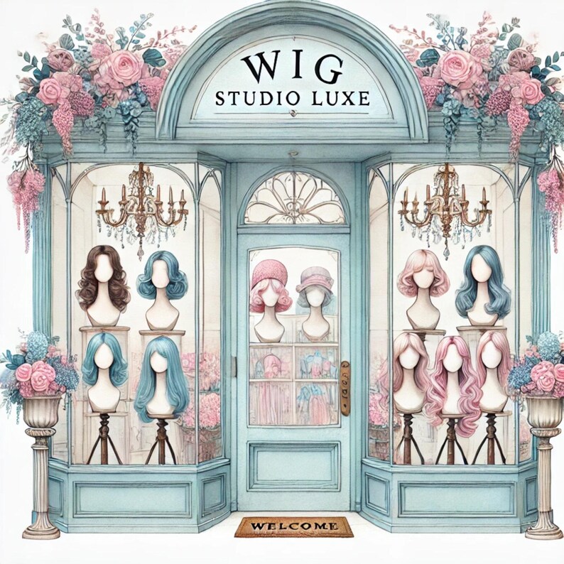 The Wig Store, Wig Shop Clipart, Boutique Store Art, Pastel Storefronts ...