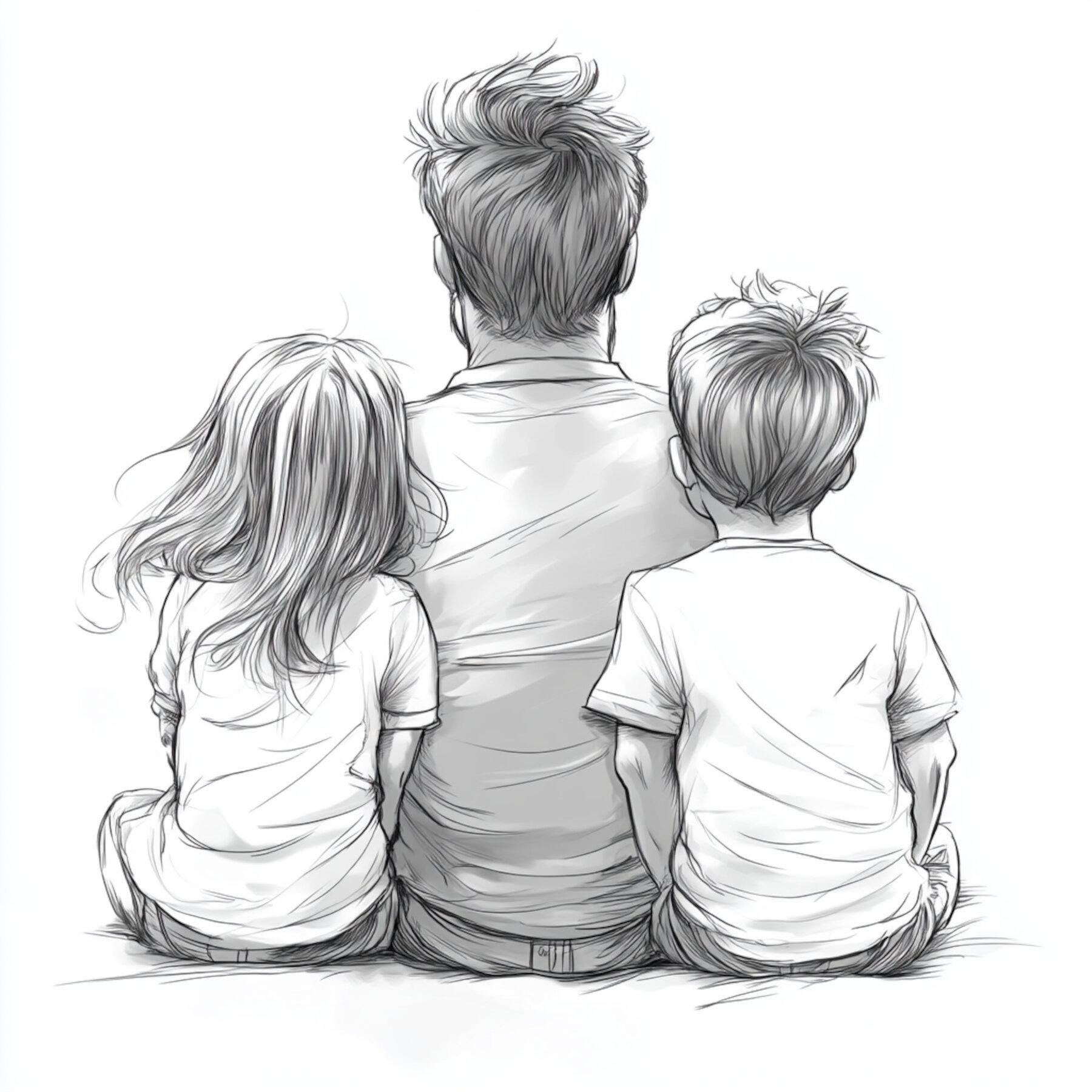 Father and Children, Dad With Kids, Father’s Day Sketch, Sentimental ...