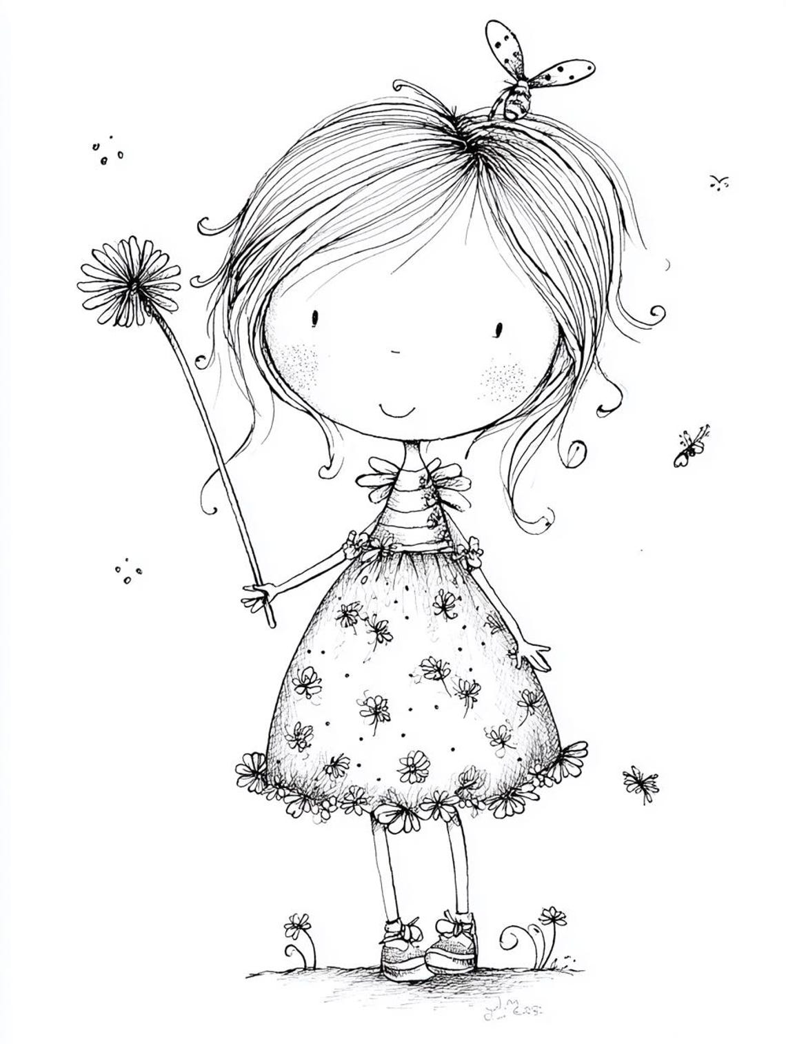 Fairy Girl, Magic Wand Art, Cute Line Drawing, Girl Illustration, Wand ...