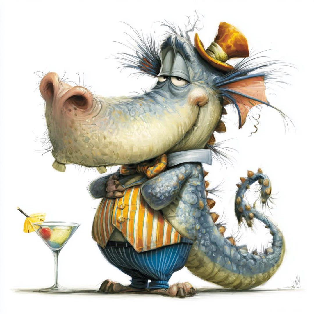Party Dragon, Funny Dragon, Cocktail Art, Bar Wall Decor, Dragon Print ...