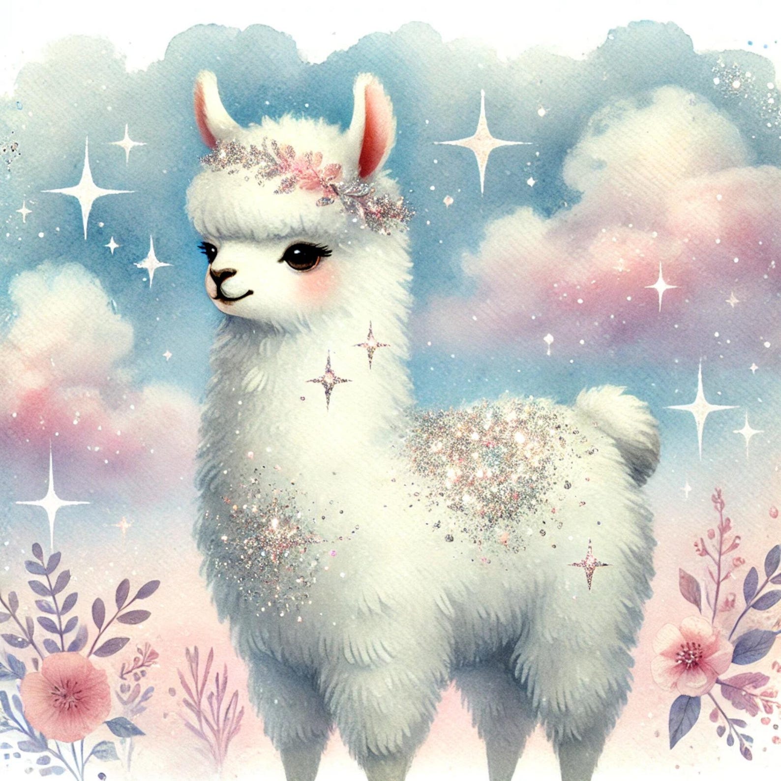 Glitter Llama, Whimsical Llama, Watercolor Llama, Cute Llama Art ...