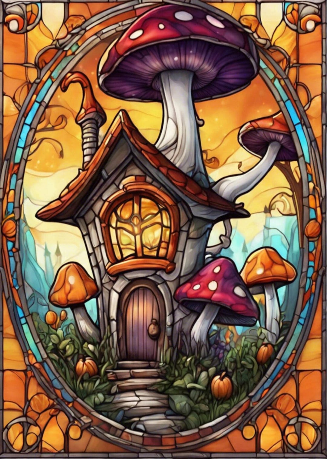 10 Stained Glass Mushroom House, Clipart JPG, Autumnal Mushroom House ...