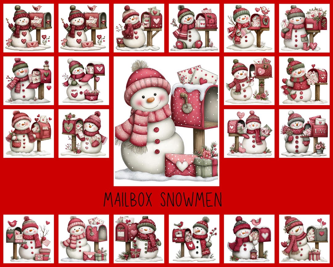 Snowman Mailbox Love, Cozy Winter Snowman PNG Set, Red Scarf Snowman ...