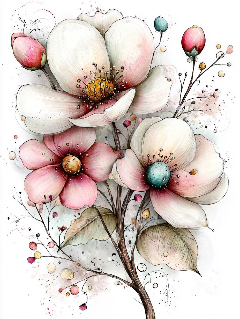 Whimsical Roses, Dreamy Floral PNG Set, Watercolor Ink Flowers ...