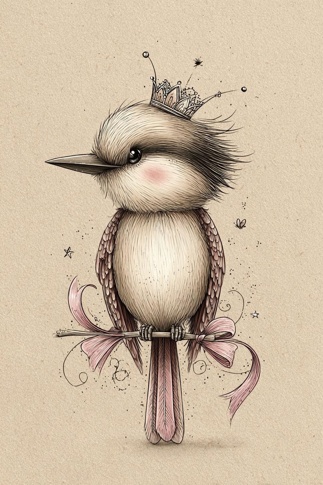 Cute Bird Art, Bird Princess, Pink Bird Bow, Crown Bird Art, Sweet Bird ...