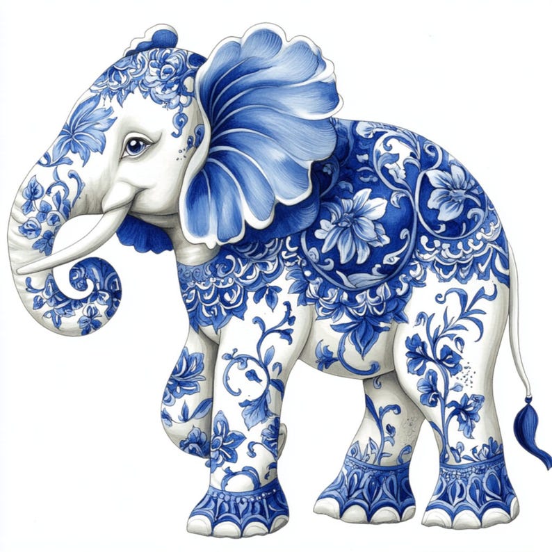 Blue Porcelain Art, Delft Elephant, Floral Ceramic, Indigo Animal Art ...