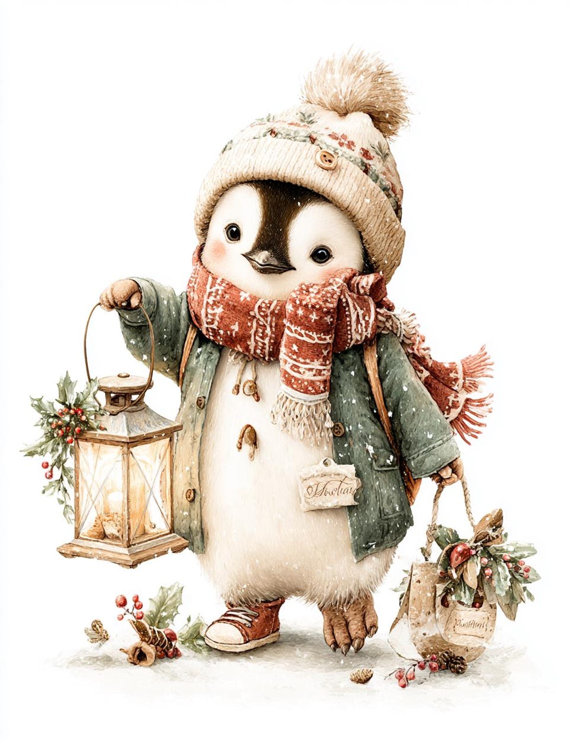 Cozy Christmas Penguin Clipart Set, Watercolor Winter Bird With Lantern ...