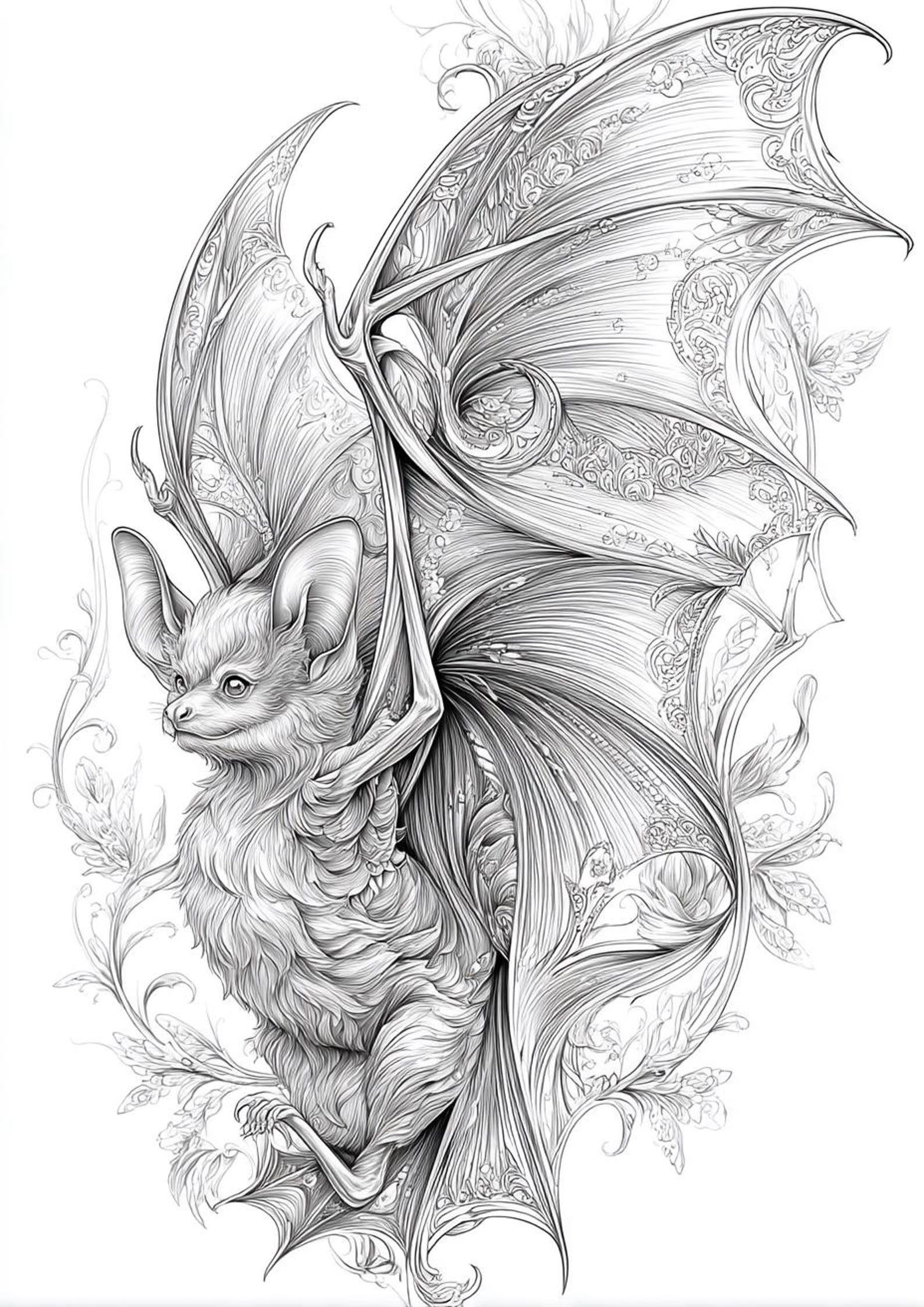 Baroque Batlings, Fantasy Bat Art, Bat Line Art, Gothic Bat Print ...