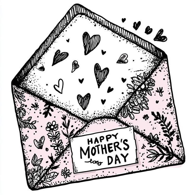 Mother’s Day Envelope CLIPART, Open Floral Letter With Pink Hearts and ...