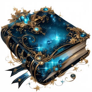 Magic Book CLIPART, Celestial Art, Dreamy Book, Blue Gold Book, Fantasy ...
