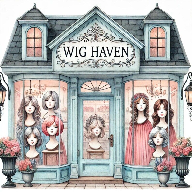 The Wig Store, Wig Shop Clipart, Boutique Store Art, Pastel Storefronts ...