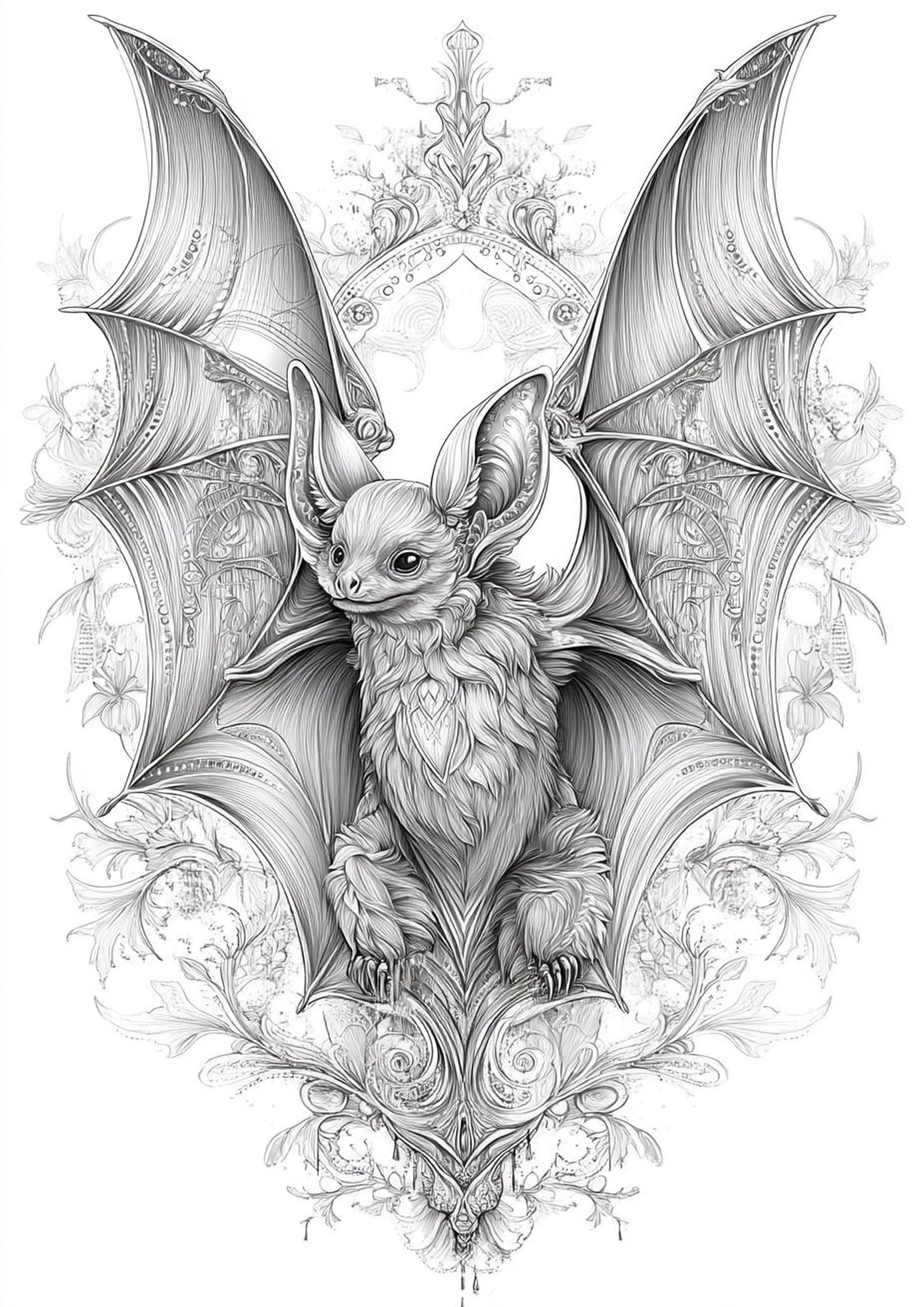Baroque Batlings, Fantasy Bat Art, Bat Line Art, Gothic Bat Print ...