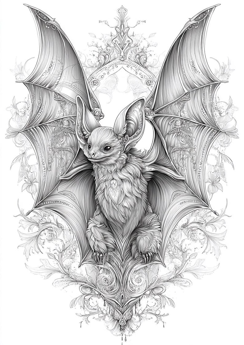 Baroque Batlings, Fantasy Bat Art, Bat Line Art, Gothic Bat Print ...