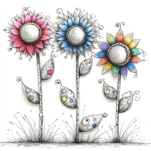 Scandinavian Flower PNG Set, Whimsical Hand-drawn Blooms, Ink and ...