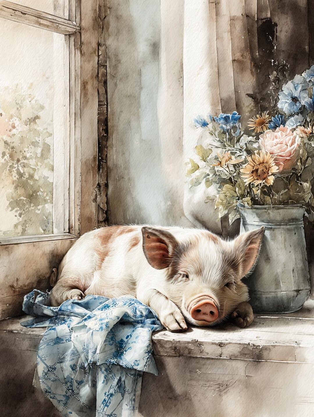 Baby Pig, Piglet Nap, Cozy Pig, Hay Bed, Soft Snout, Cottagecore ...