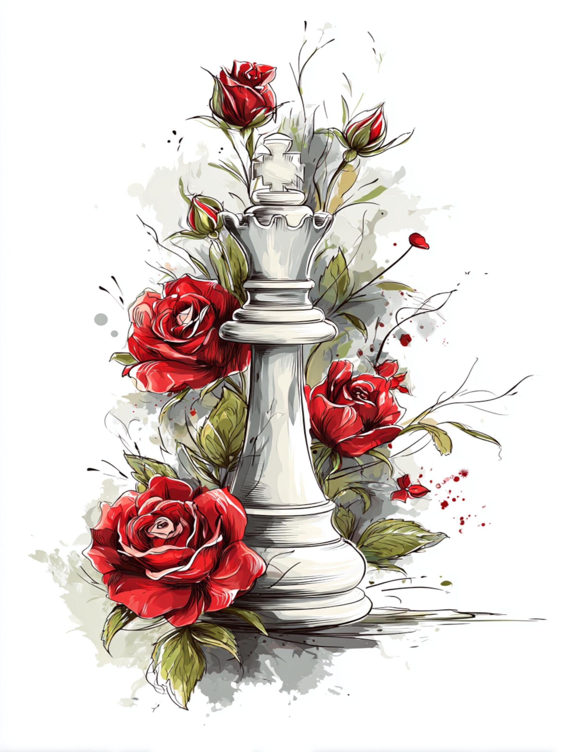 Chess King Art, Rose Ink Art, Red Roses Print, Crown Sketch, Regal ...