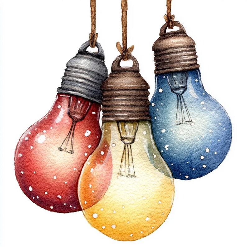 Watercolor Light Bulb Clipart Set, Christmas Lights PNG, Cozy Holiday ...