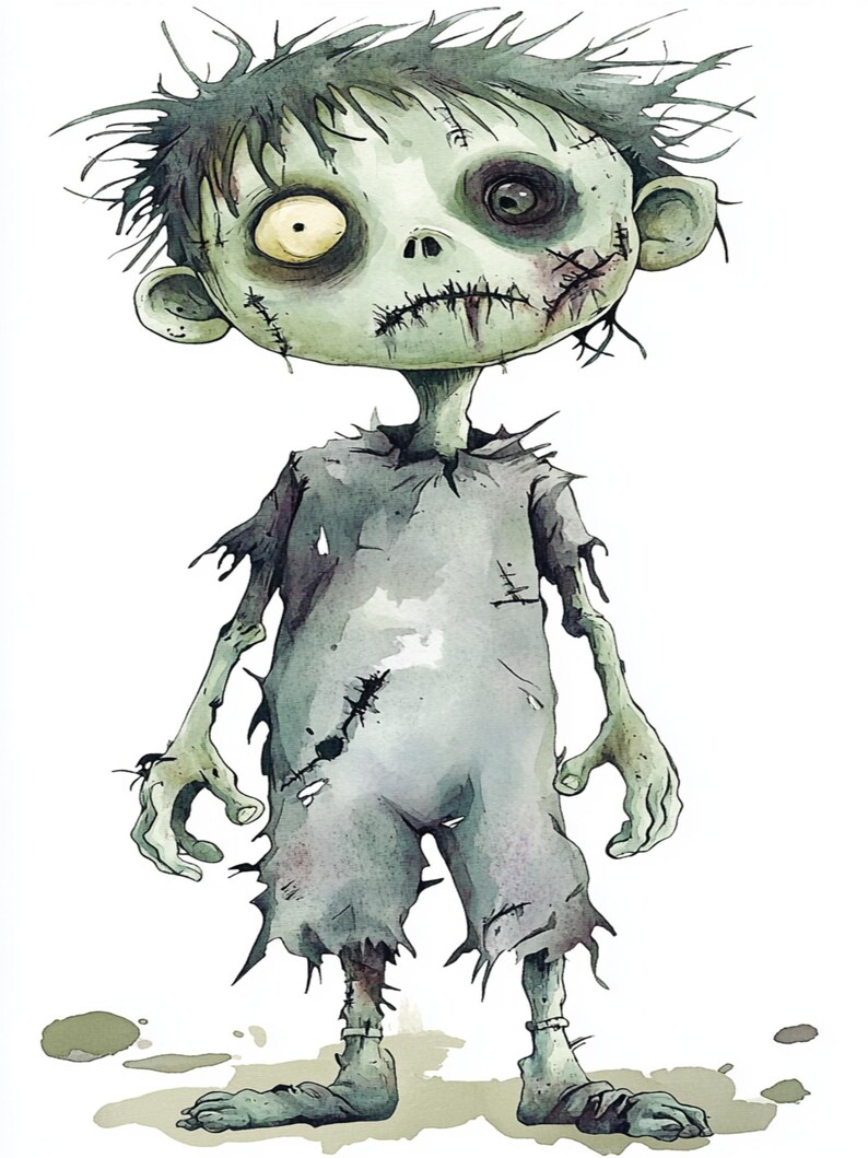 Zombie Kid Art, Cute Undead Boy, Halloween Zombie, Watercolor Zombie ...