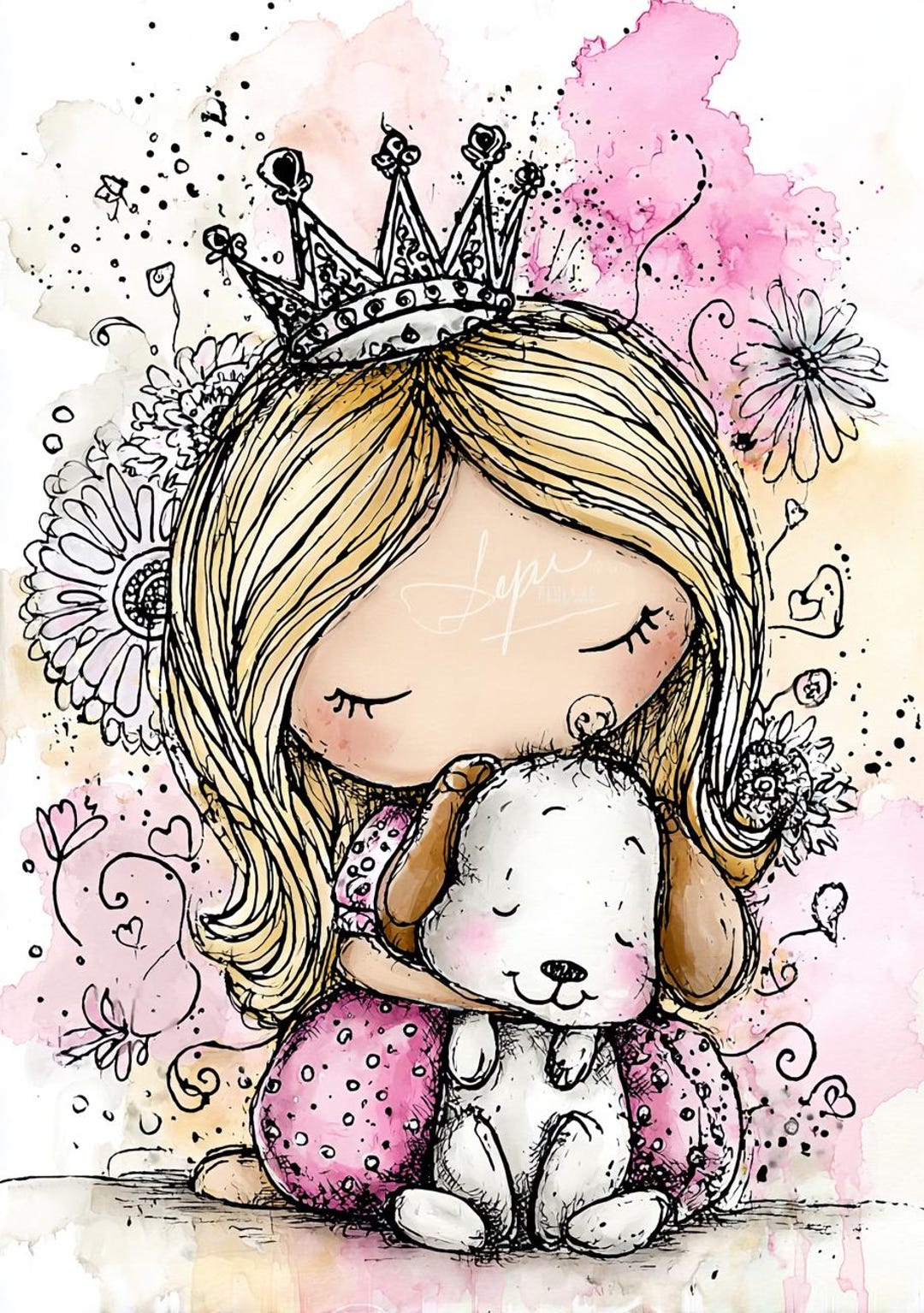 Puppy Girl Art, Pink Crown Art, Princess Pup, Cute Pet Print, Fairy ...