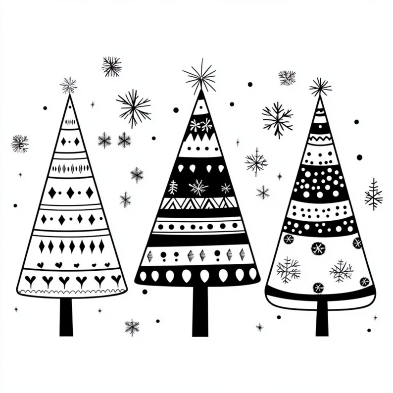 Line Art Trees, Xmas Doodles, Black White Xmas, Minimalist Trees ...