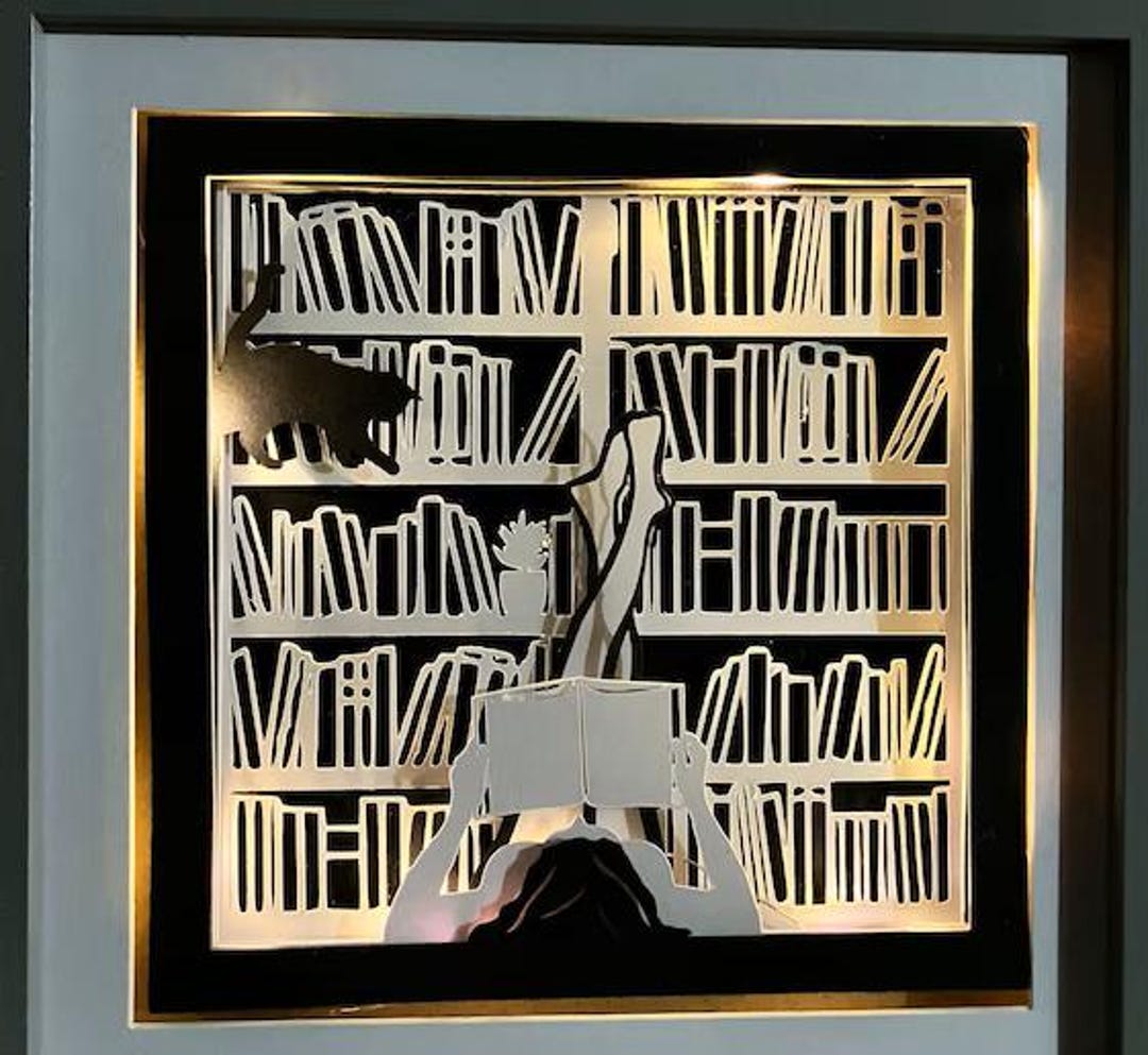 Library Papercut Square Lightbox SVG File DIY, Bookstore Shadow Box ...