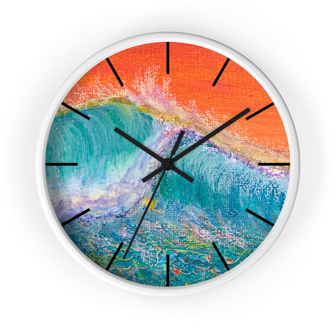 Sunset Aqua Blue Wave Clock Blue Sky Fluffy Clouds Wall Clock - Etsy