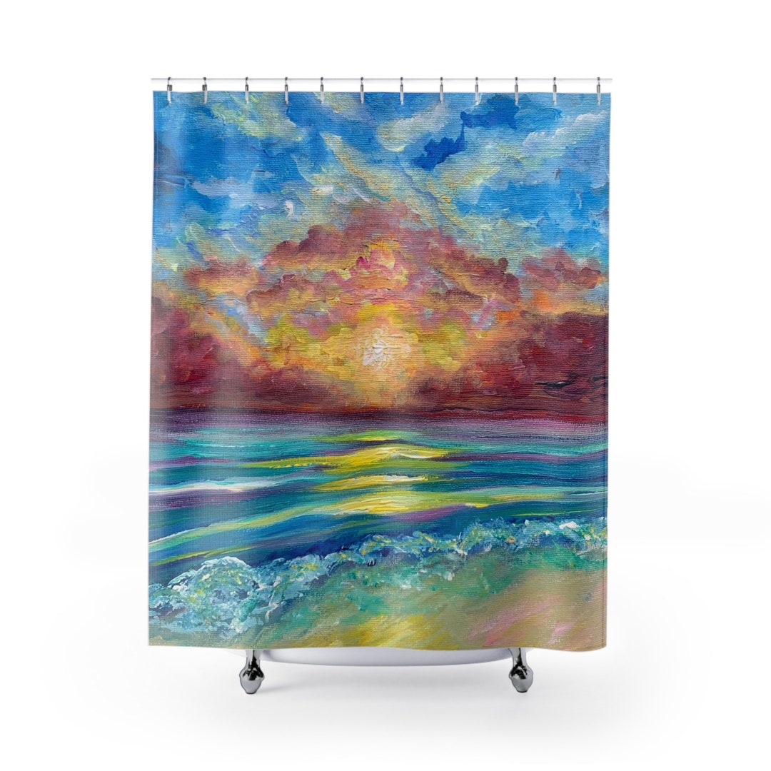 Sunset Shower Curtains Wave Ocean Sea Painting Artist Design Shower ...