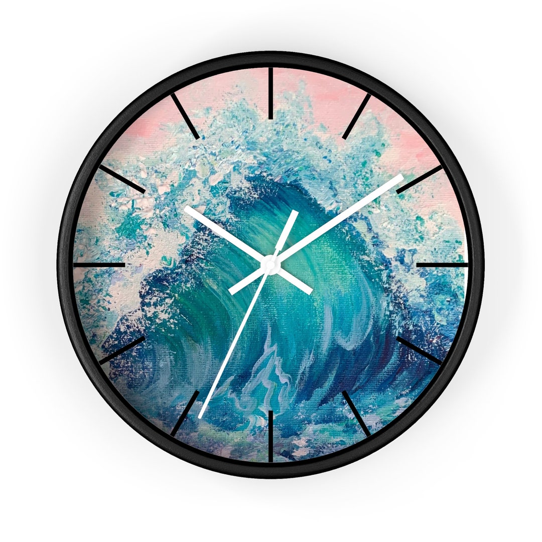 Aqua Waves Clock Pink Sky Fluffy Clouds Wall Clock - Etsy
