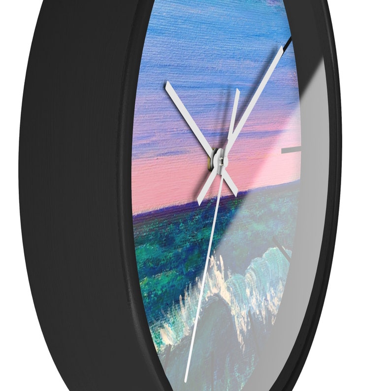 Pink Sunset Clock Large Wave Sky Fluffy Clouds Sea Ocean Coastal Lilac ...