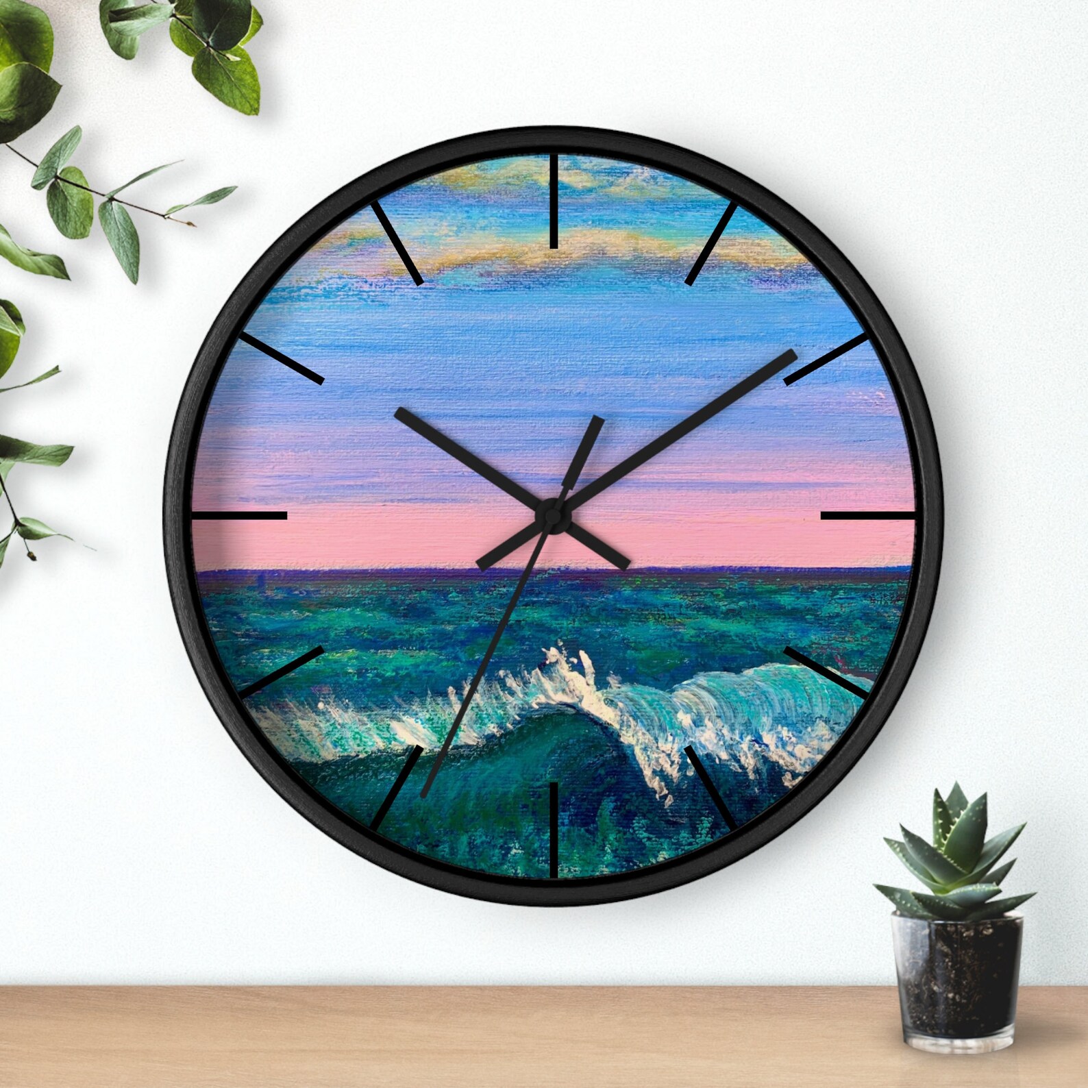 Pink Sunset Clock Large Wave Sky Fluffy Clouds Sea Ocean Coastal Lilac ...