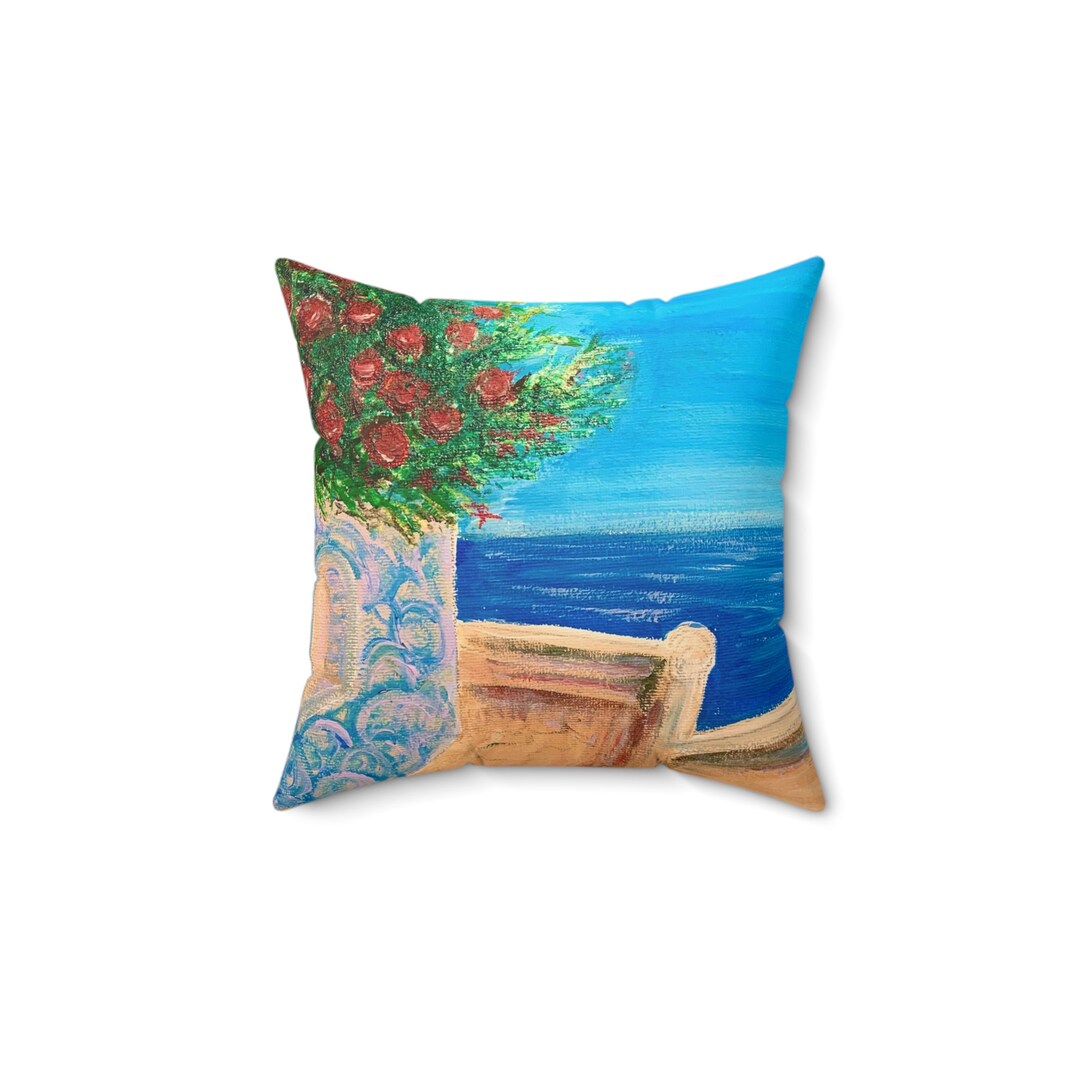 Blue Casa / House Sea Ocean Fluffy Clouds Spun Polyester Square Pillow ...