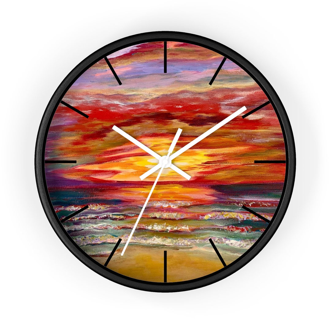 Red Sunset Blue Wave Clock Blue Sky Fluffy Clouds Wall Clock. Clock is ...