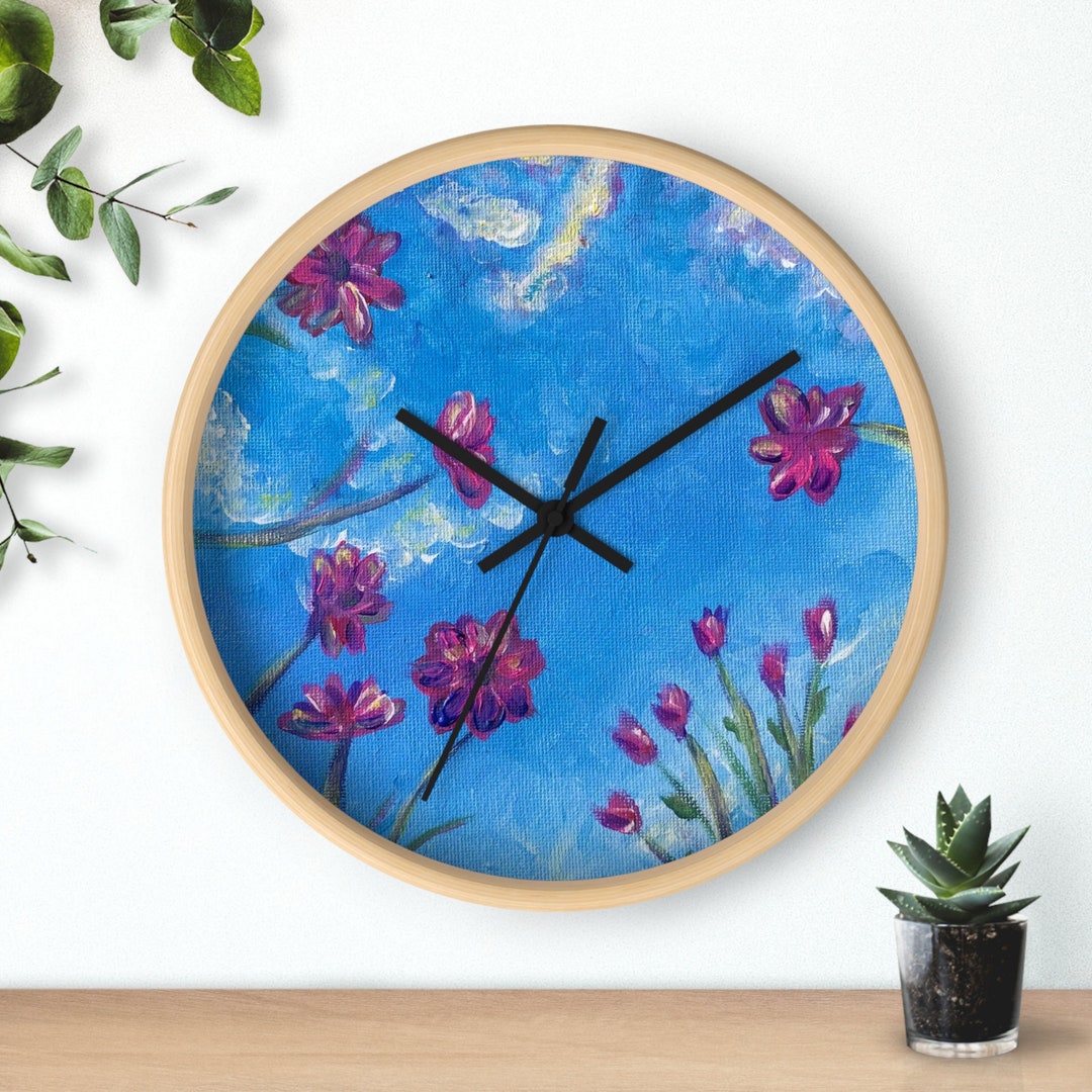 Floral Blue Sky Fluffy Clouds Wall Clock. Clock is 10 Inches in ...